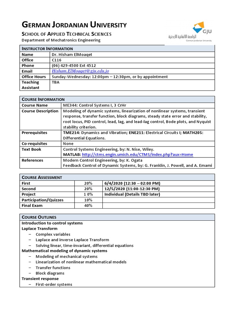 Control Systems I Course Overview | PDF | Control Theory | Test ...