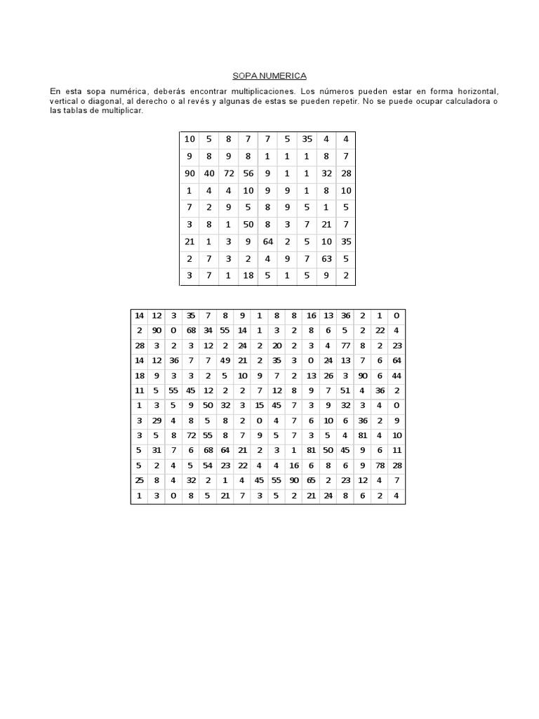 IMPRIMIR 1U - 2obj - Calculo Mental Multiplicacion 2 (Sopa Numeros) | PDF