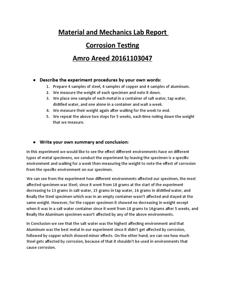Material and Mechanics Lab Report Corrosion Testing Amro Areed ...