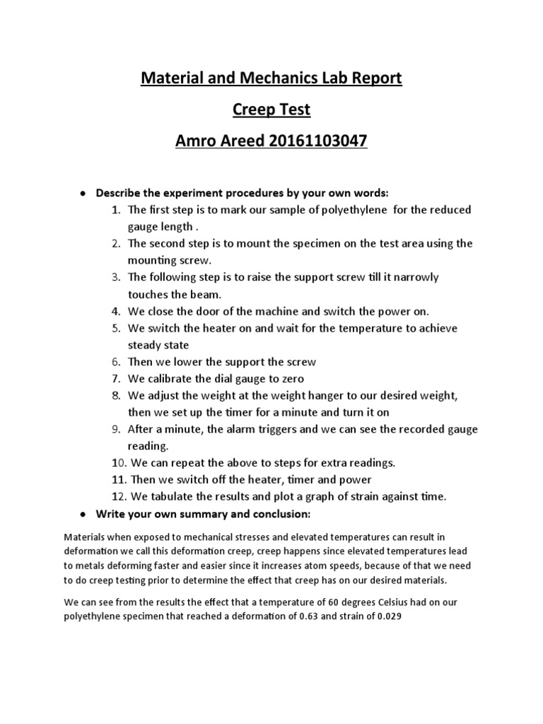 Material and Mechanics Lab Report Creep Test Amro Areed 20161103047 | PDF