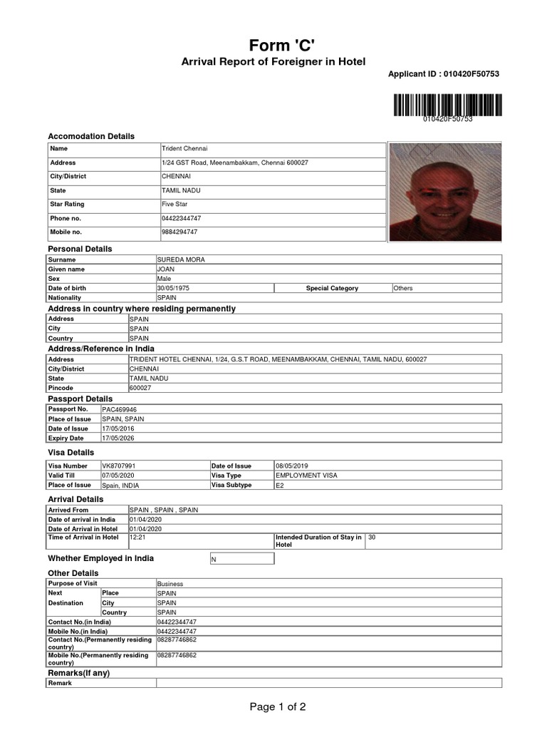 Form 'C': Arrival Report of Foreigner in Hotel | PDF | Travel Visa ...