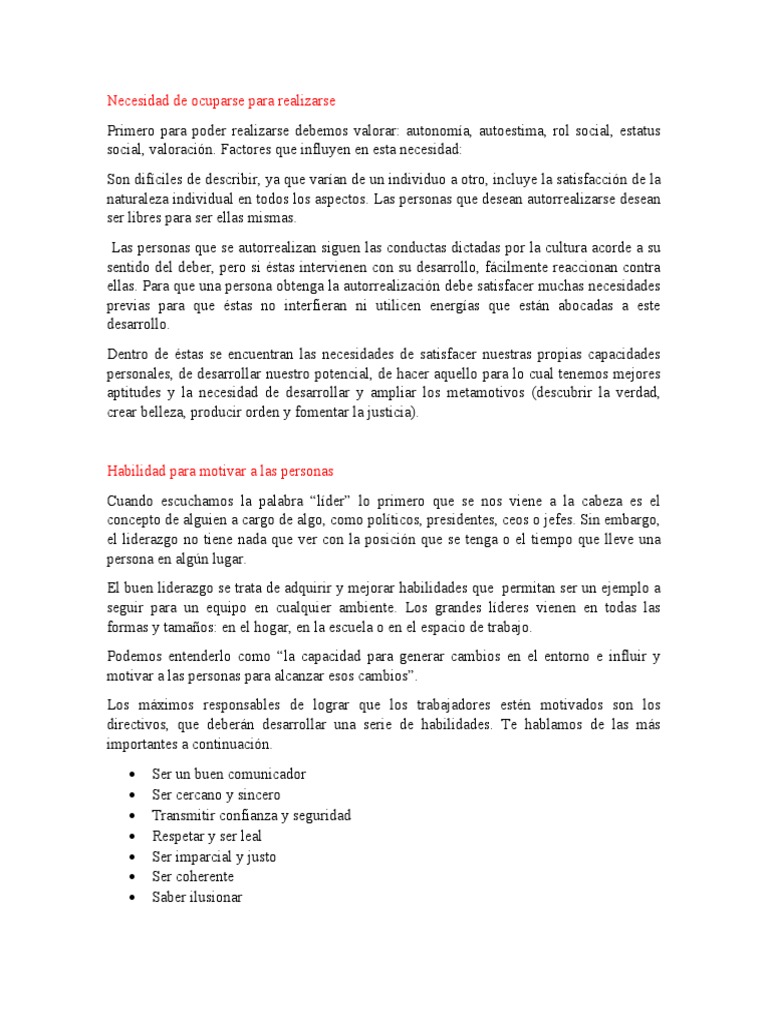 Necesidad de Ocuparse para Realizarse | PDF | Autoestima | Liderazgo