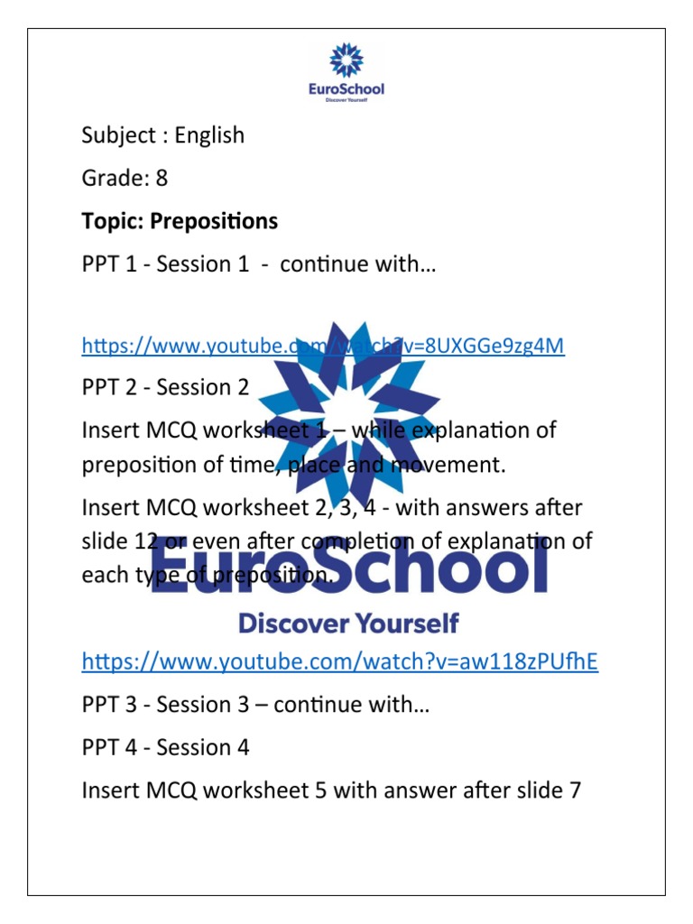 English 8 - Prepositions - Note | PDF