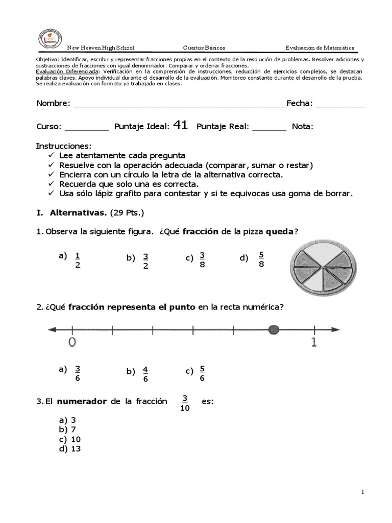 Prueba Fracciones NEE | PDF | Fracción (Matemáticas) | Enseñanza de ...
