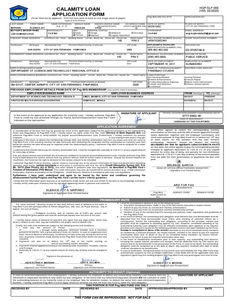 SLF066 Calamity Loan Application Form - V05 | Download Free PDF | Loans | Amortization (Business)