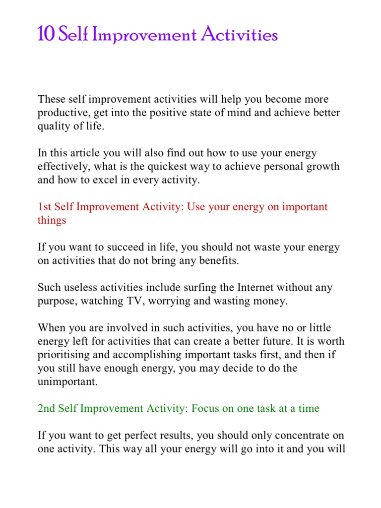 10 Self Improvement Activities | PDF | Happiness | Emergence