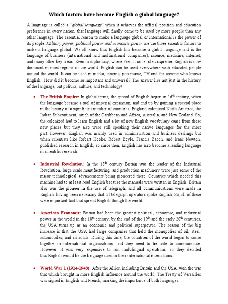 Which Factors Have Become English A Global Language | PDF | English ...