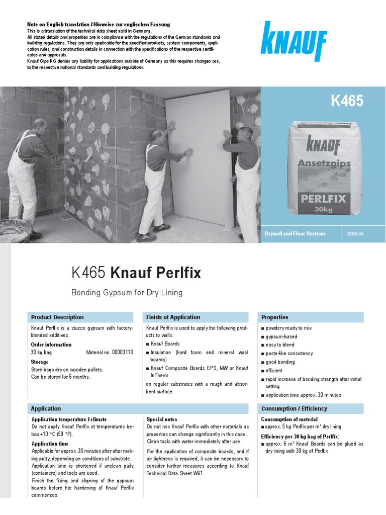 K465 Knauf Perlfix: Bonding Gypsum For Dry Lining | PDF | Materials ...