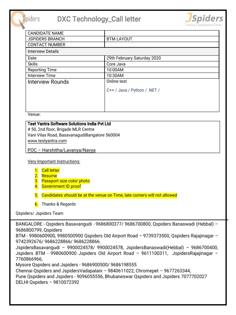 DXC Technology Interview Call Letter | PDF