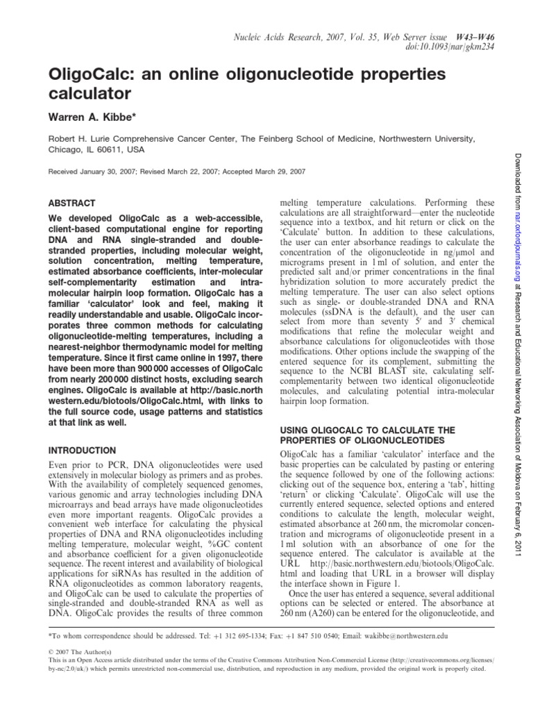 Oligocalc: An Online Oligonucleotide Properties Calculator: Warren A ...