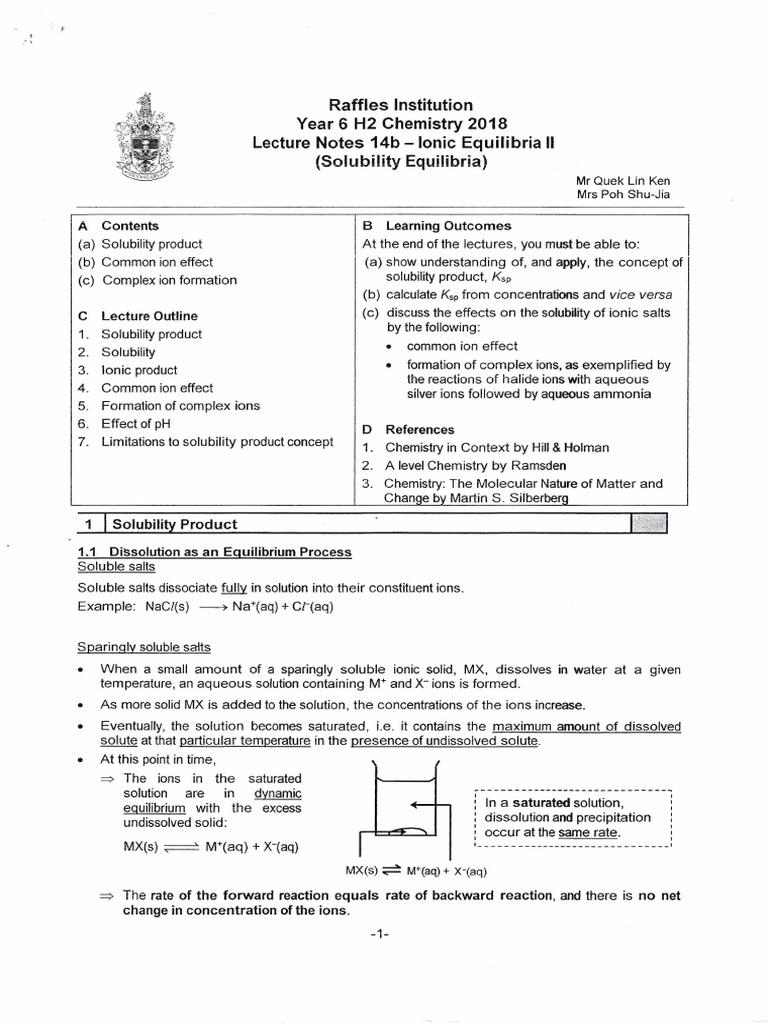 Lecture Notes 14b - Ionic Equilibria II Solubility Equilibria | PDF Lecture Notes 14b - Ionic Equilibria II Solubility Equilibria | PDF