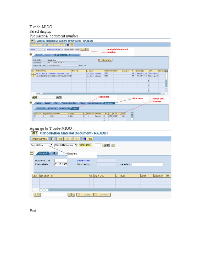 T code-MIGO Select Display Put Material Document Number | PDF