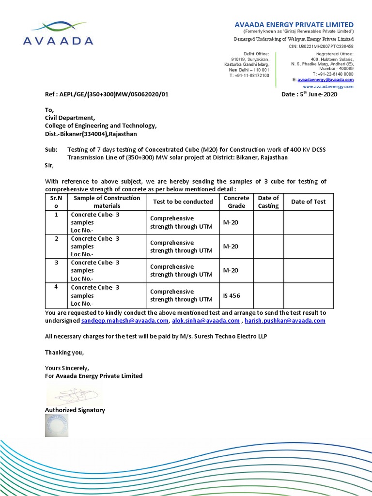 Letter To Lab For Testing M20 Cube | PDF | Sustainable Technologies ...