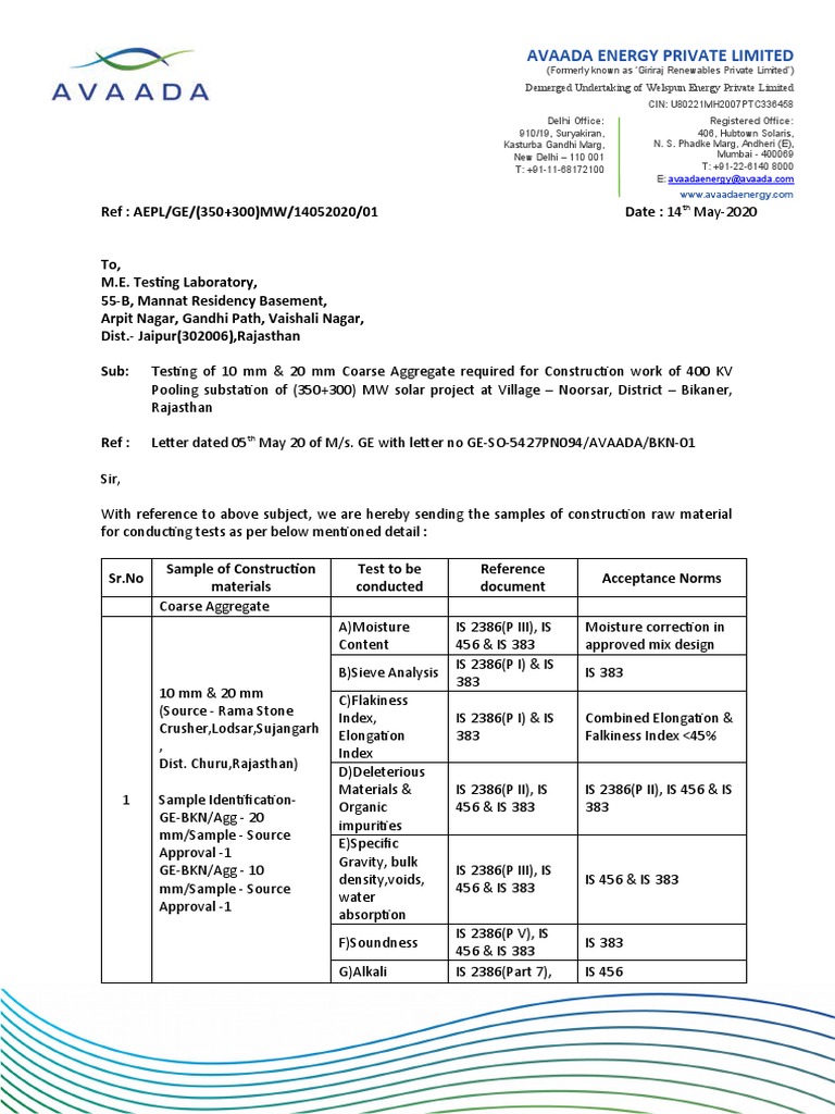 Letter To Lab For Testing of 10mm & 20mm Coarse Aggregate | PDF | Nature