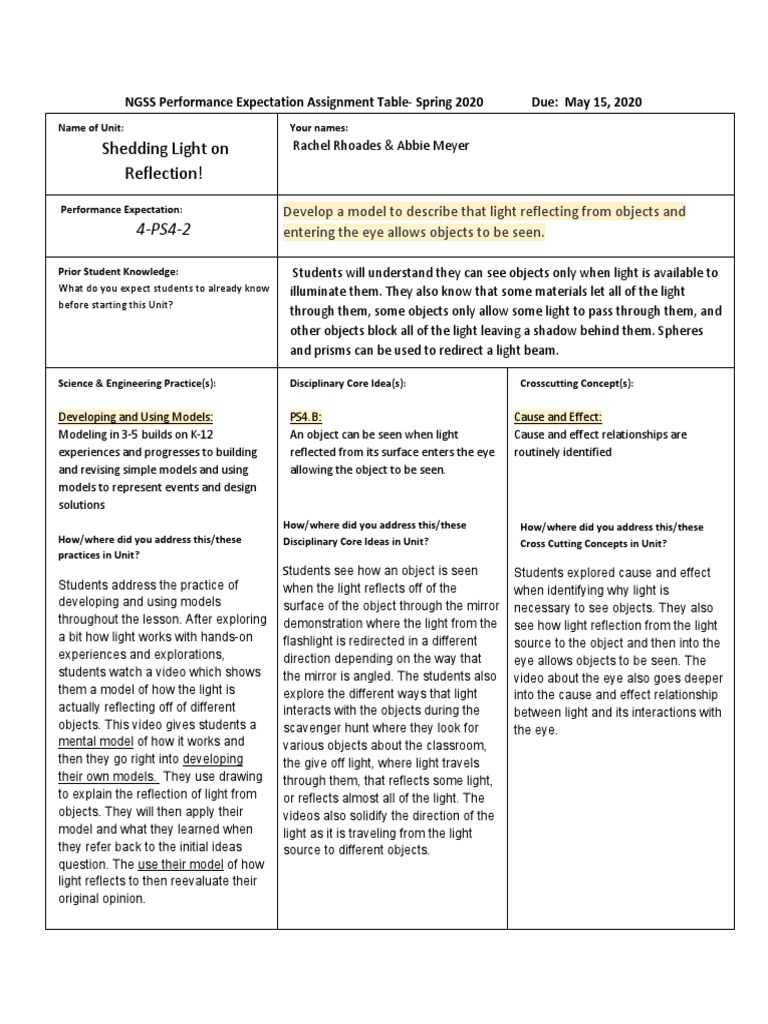 Ngss Performance Expectation Assignment Table - Spring 2020 | PDF ...