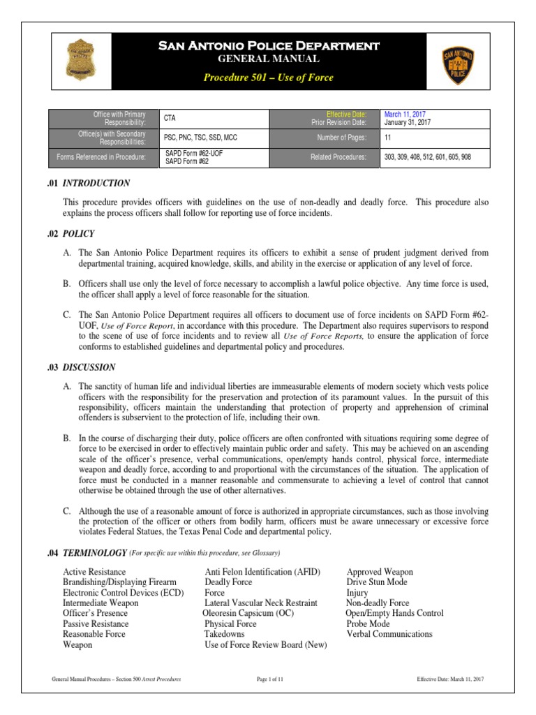 San Antonio Police Department Use of Force Procedure | PDF | Deadly ...