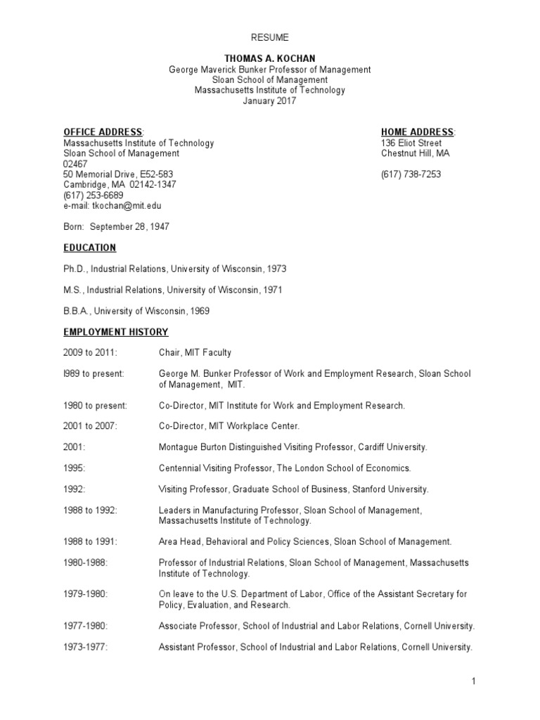MIT Professor's Resume | PDF | Industrial Relations | Employment