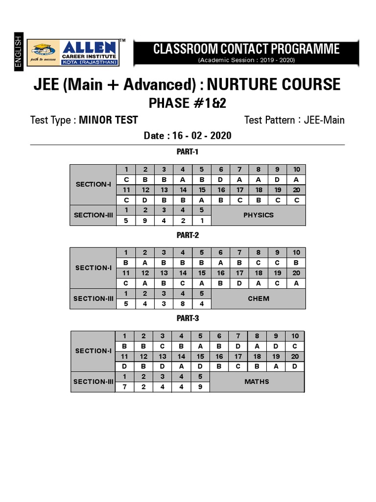 JEE (Main + Advanced) : NURTURE COURSE: Classroom Contact Programme | PDF