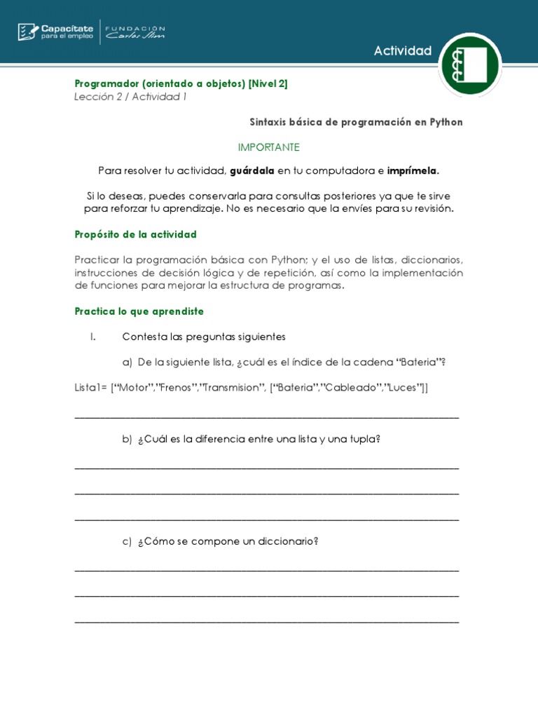 Actividad 1 Sintaxis Básica de Programación en Python PDF | PDF ...
