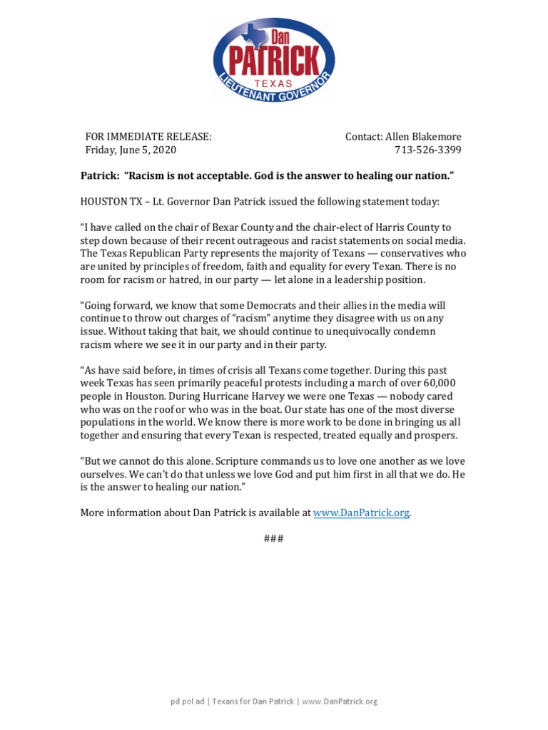 Patrick: "Racism Is Not Acceptable. God Is The Answer To Healing Our ...