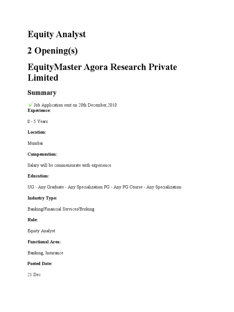 Equity Analyst Job Opening in Mumbai | PDF | Business | Finance & Money ...