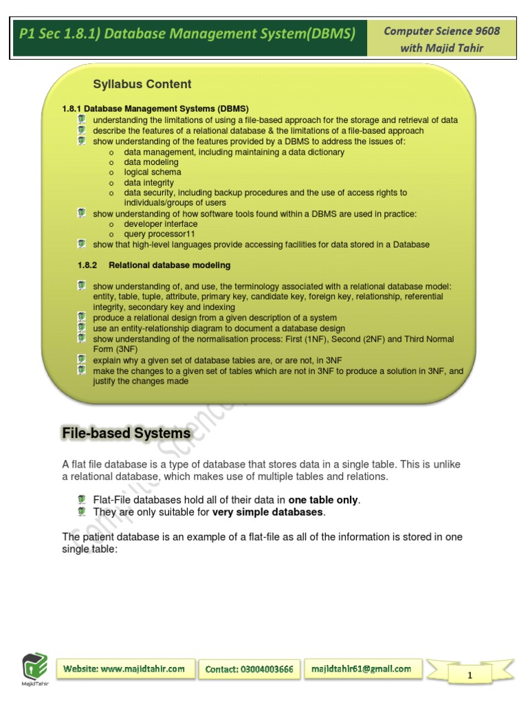 P1 Sec 1.8.1) Database Management System (DBMS) : Syllabus Content | PDF | Databases ...