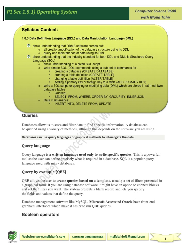 P1 Sec 1.5.1) Operating System: Syllabus Content | PDF | Databases | Sql