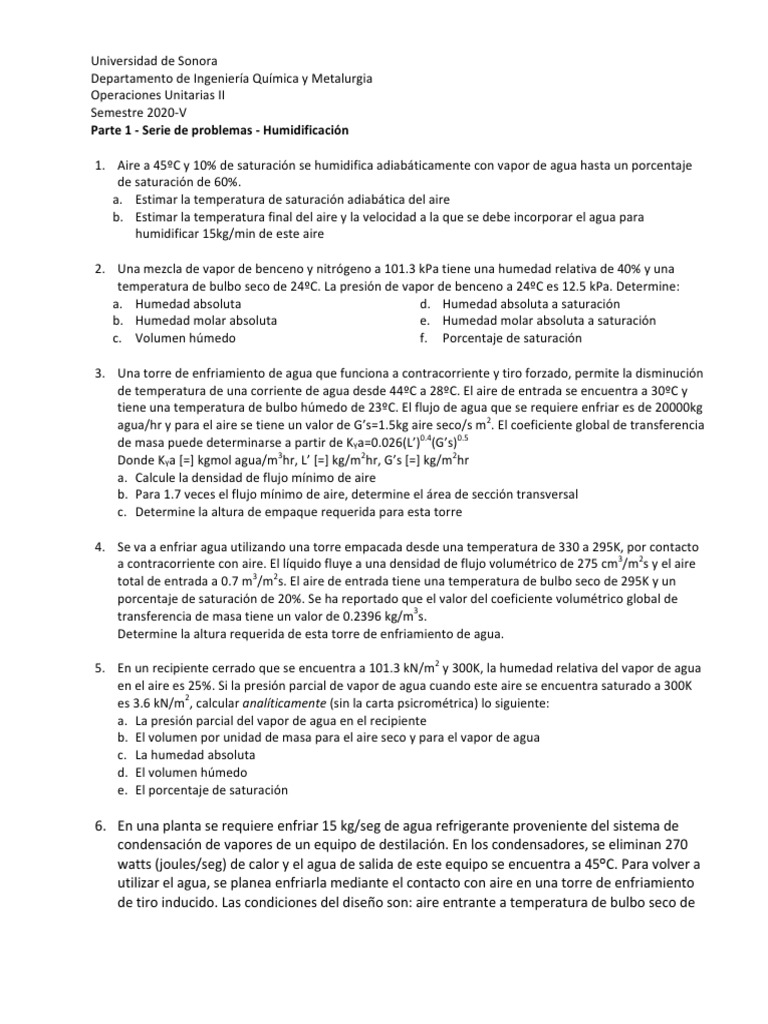 2020-V OP2 Parte 1 - Serie de Problemas | PDF | Humedad | Humedad relativa