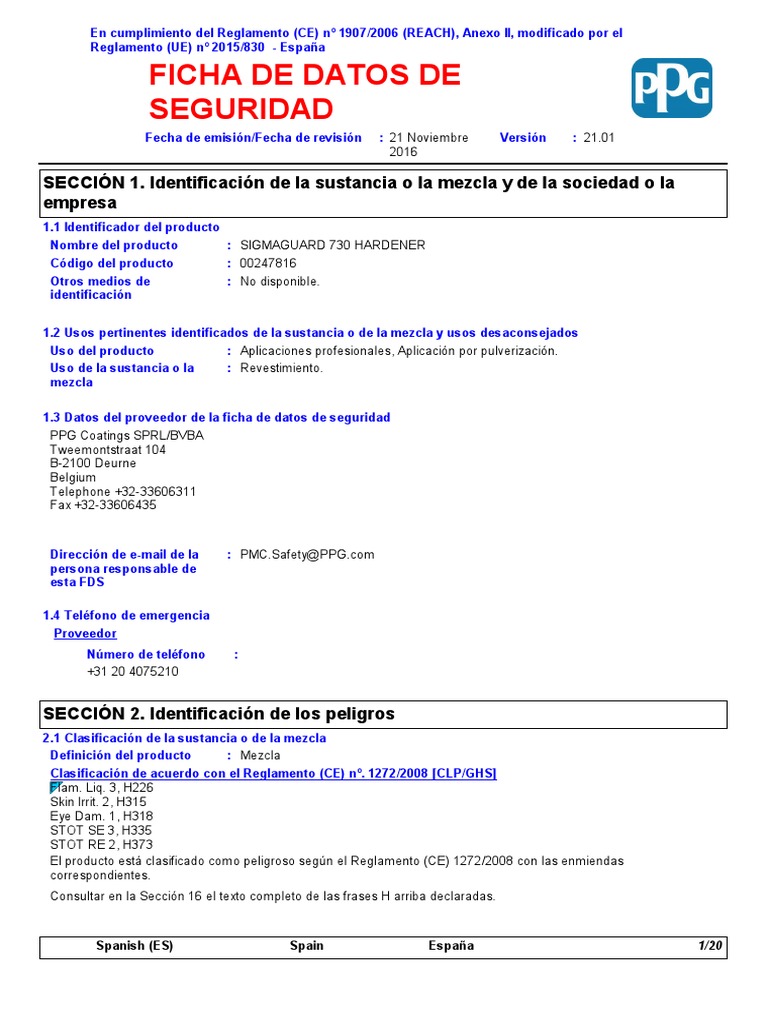 Msds Sigmaguard 730 HARDENER PDF | PDF | Guante | Agua