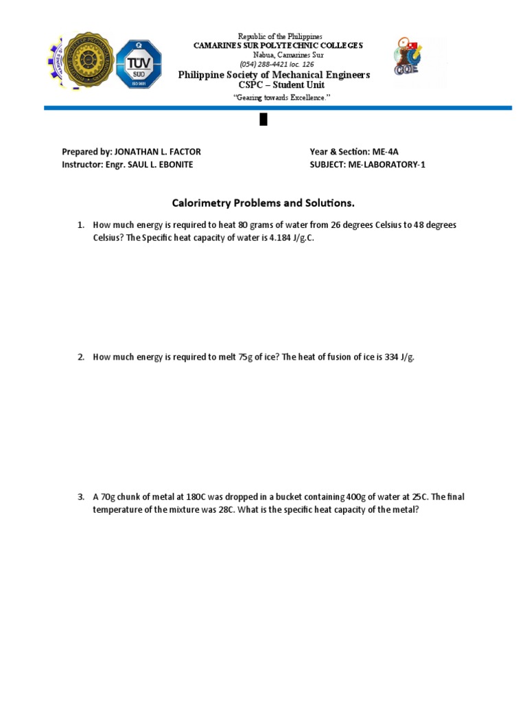 Calorimetry Problems & Solutions Guide | PDF | Heat | Heat Capacity
