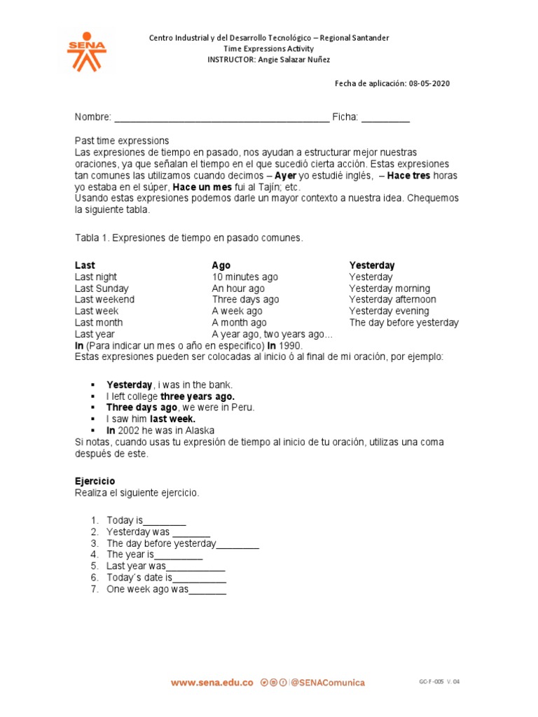 Expresiones de tiempo en pasado en inglés | PDF