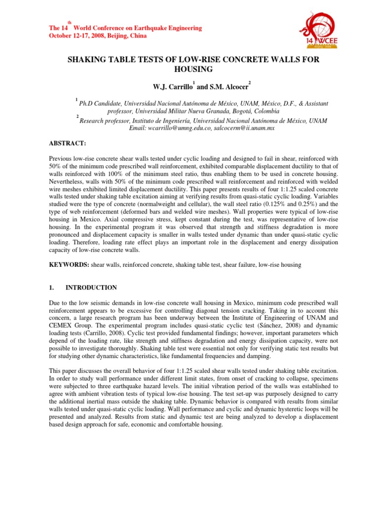 Shaking Table Tests of Low-Rise Concrete Walls For Housing | PDF ...