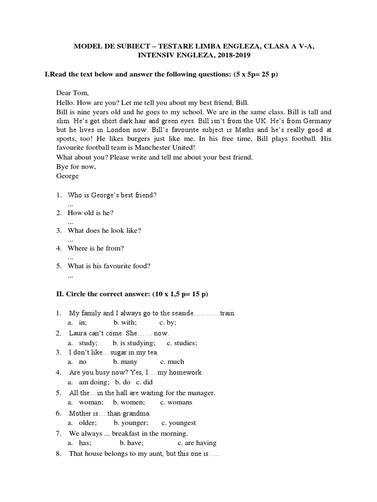 Model de Subiect - Testare Limba Engleza, Clasa A V-A, INTENSIV ENGLEZA ...