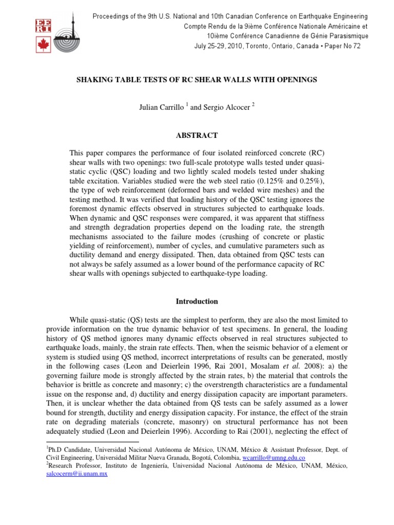 Final Shaking-Table Tests Shear Walls Openings PDF | PDF | Strength Of ...
