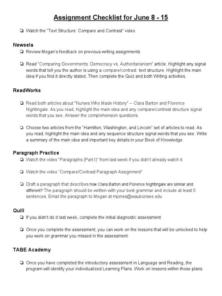 Assignment Checklist For June 8 - 15 | PDF