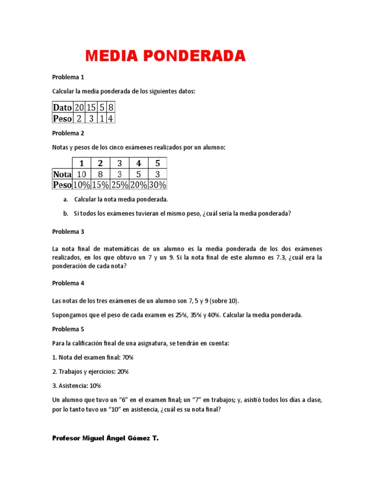 Ejercicios de Media Ponderada Resueltos | PDF | Métodos y materiales de ...