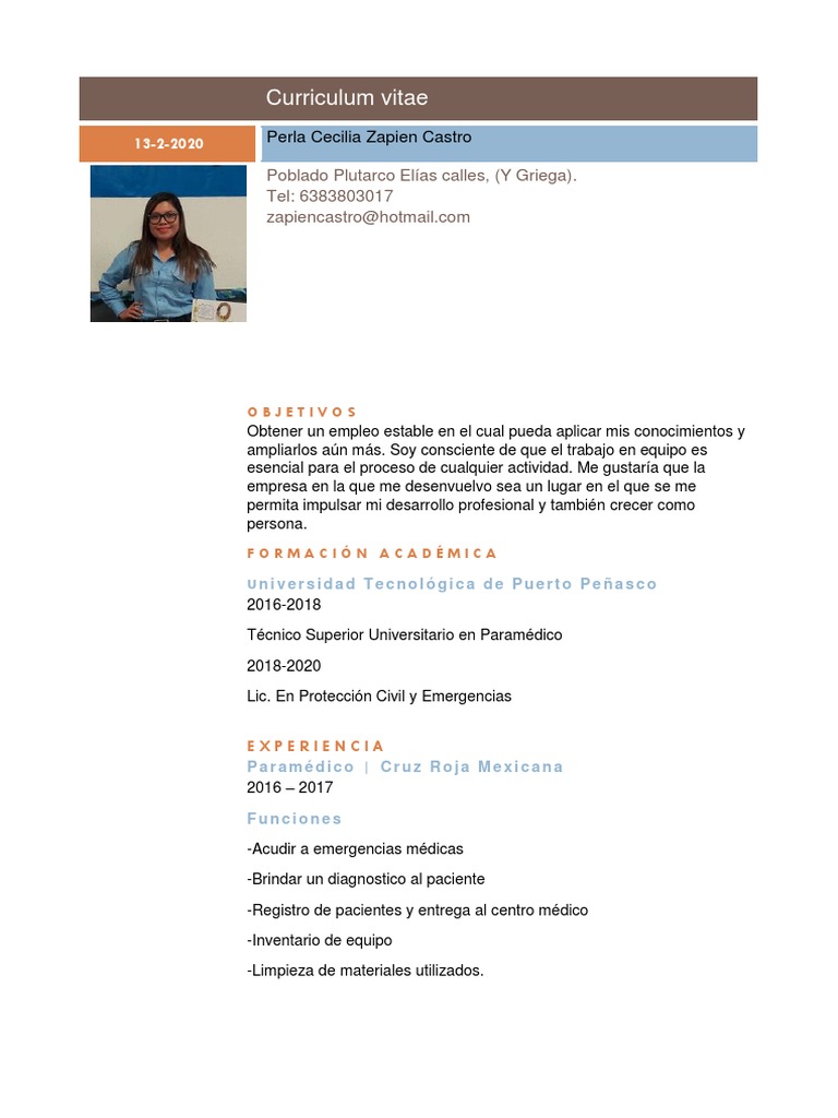 CV Perla Zapien | Descargar gratis PDF | Paramédico | Medicina