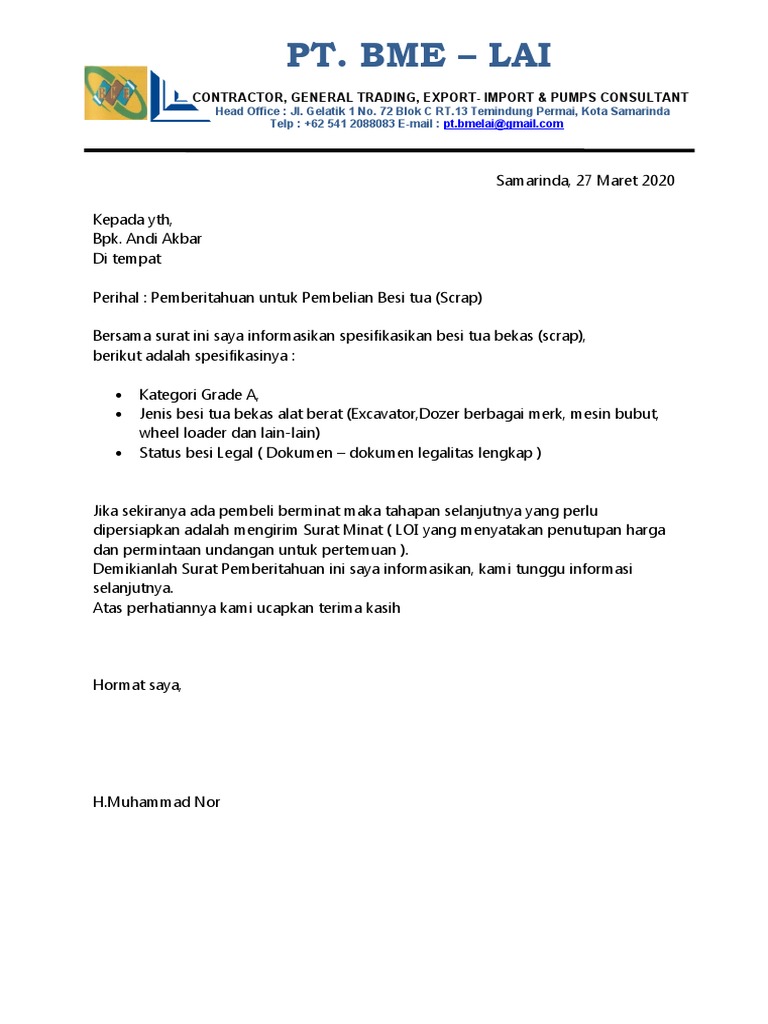Surat Pemberitahuan PT - BME-LAI | PDF