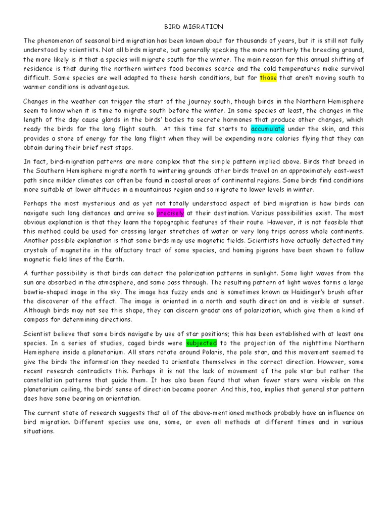 READING TEST (4th To 6th Grade) BIRD MIGRATION | PDF | Bird Migration ...