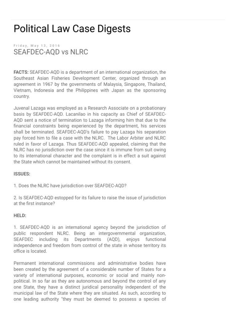 Political Law Case Digests - SEAFDEC-AQD Vs NLRC | PDF | Jurisdiction ...