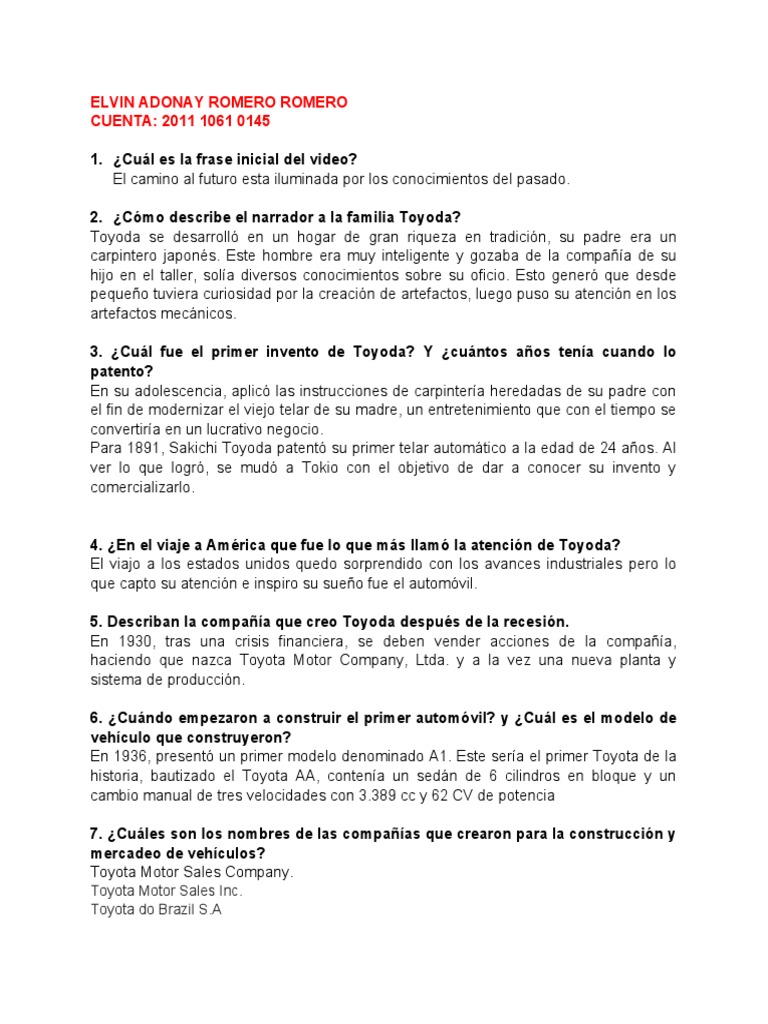 Mi Cuestionario Toyota Preguntas 1-10 | PDF | Toyota | Tecnologías ...