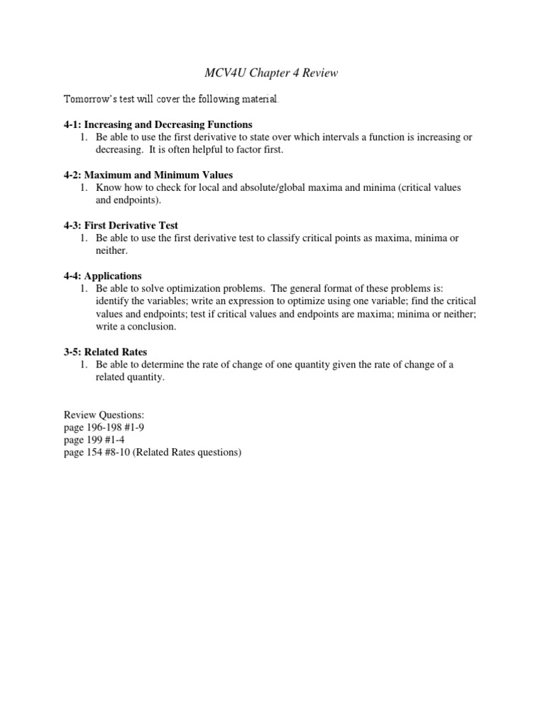 MCV4U Calculus Chapter 4 Review | PDF