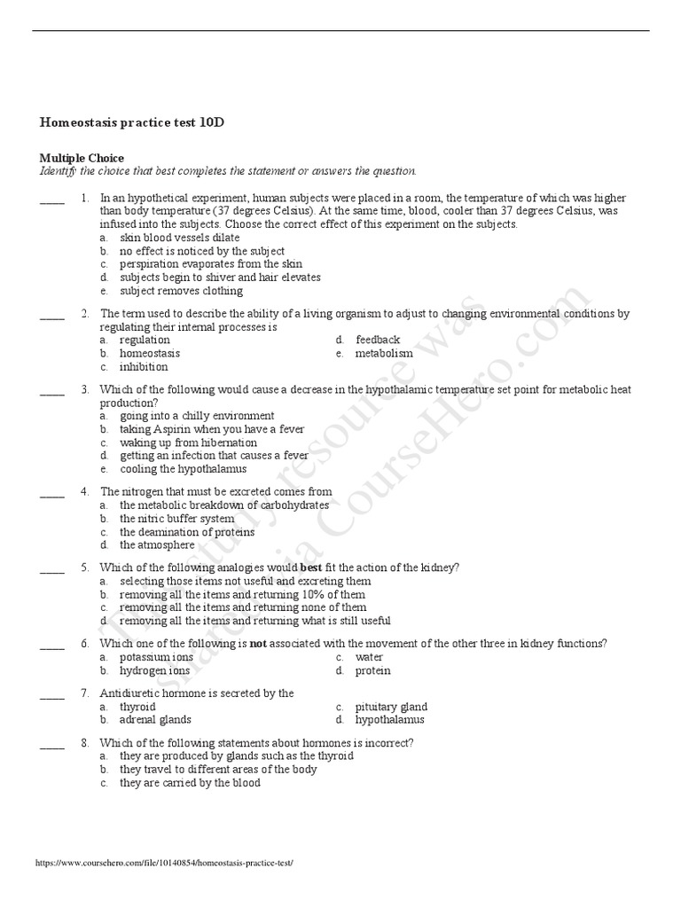 Homeostasis Practice Test | PDF | Adrenal Gland | Biology