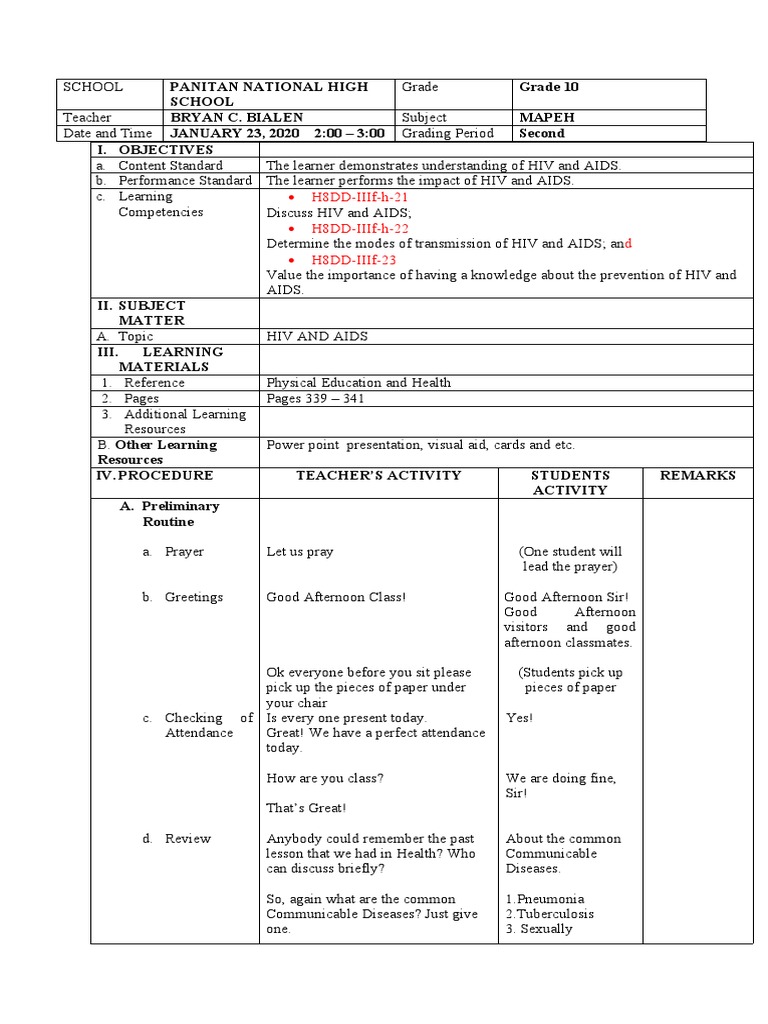 2ND Co Lesson Plan Hiv and Aids | PDF | Hiv/Aids | Safe Sex