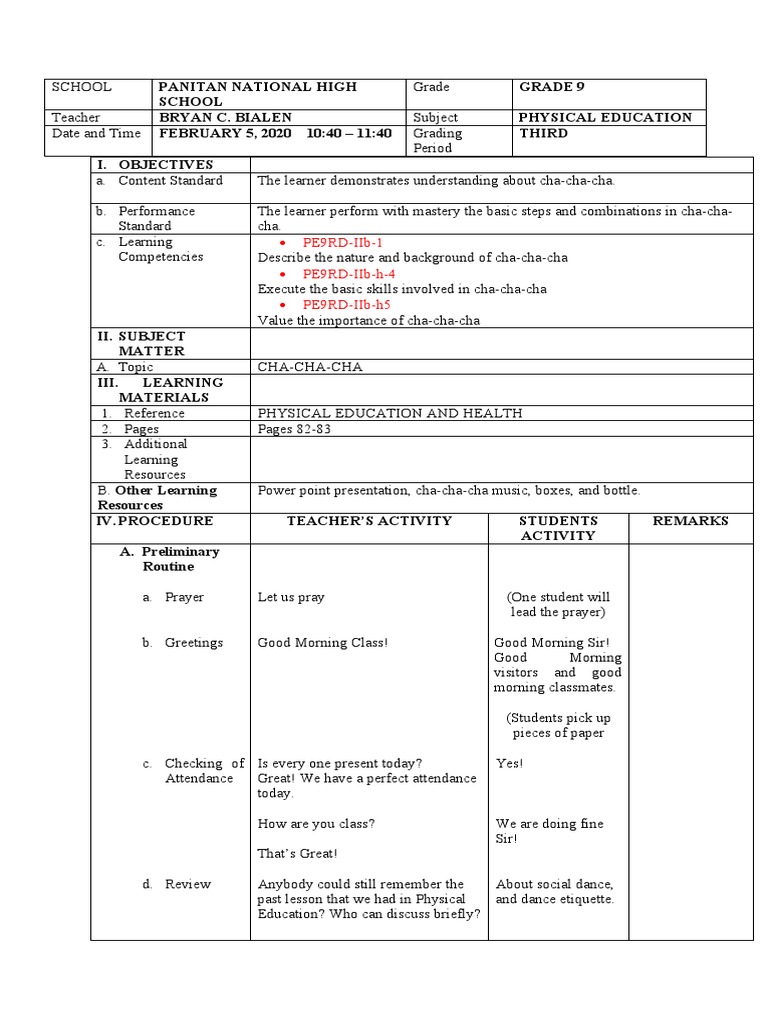 3RD Co Lesson Plan Cha Cha Cha | PDF | Performing Arts | Entertainment ...