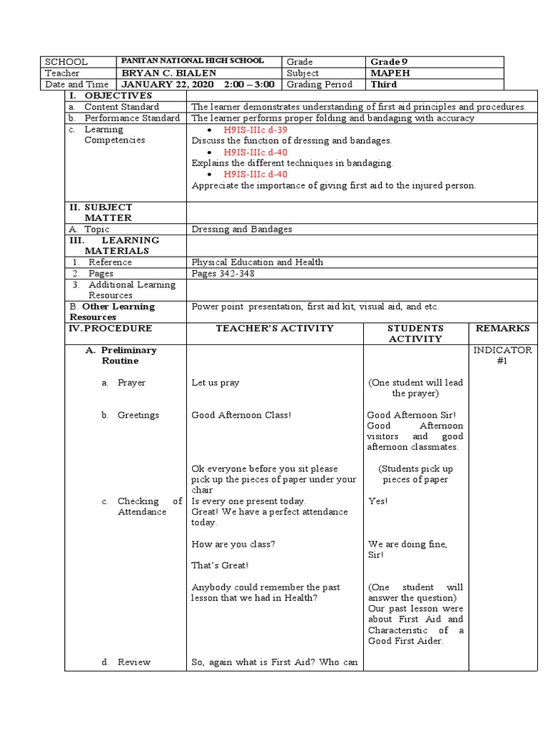 1ST Co Lesson Plan Dressing and Bandage | PDF | First Aid | Clinical ...