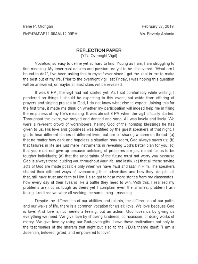 Reflection Paper: Vocation, So Easy To Define Yet So Hard To Find ...