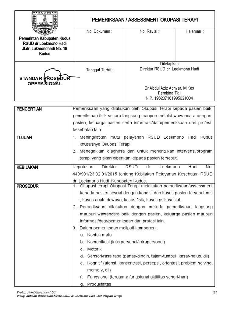 Protap Pemeriksaan-Assesmen OT | PDF