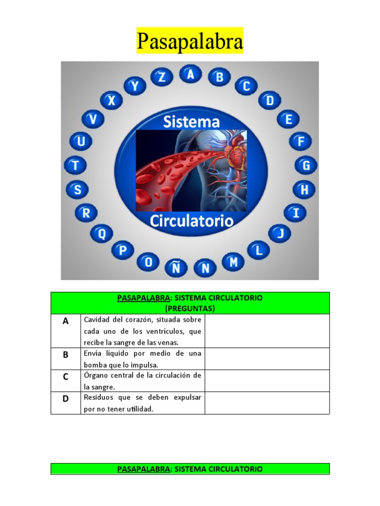 Pasapalabra Sistema Circulatorio | PDF | Sistema circulatorio | Sangre