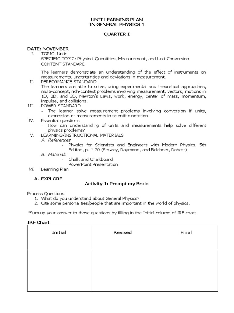 UNIT LEARNING PLAN I (General Physics 1) S | PDF | Measurement | Modern ...